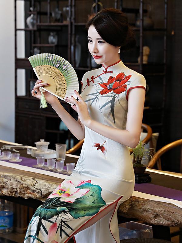White Lotus Side Split Long Cheongsam - rrdeye