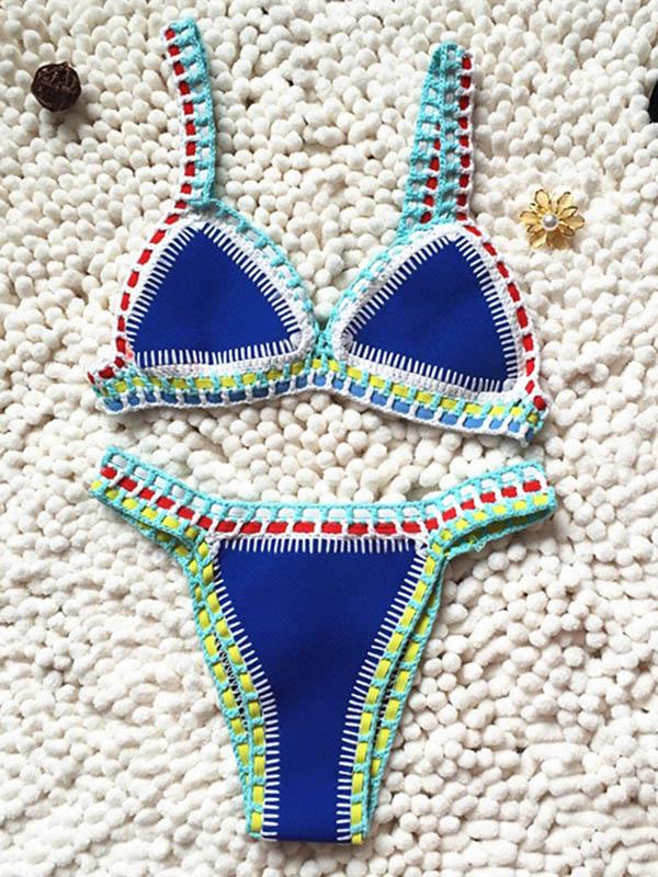 Triangle Patchwork Crochet Neoprene Split Bikini Swimsuit – rrdeye