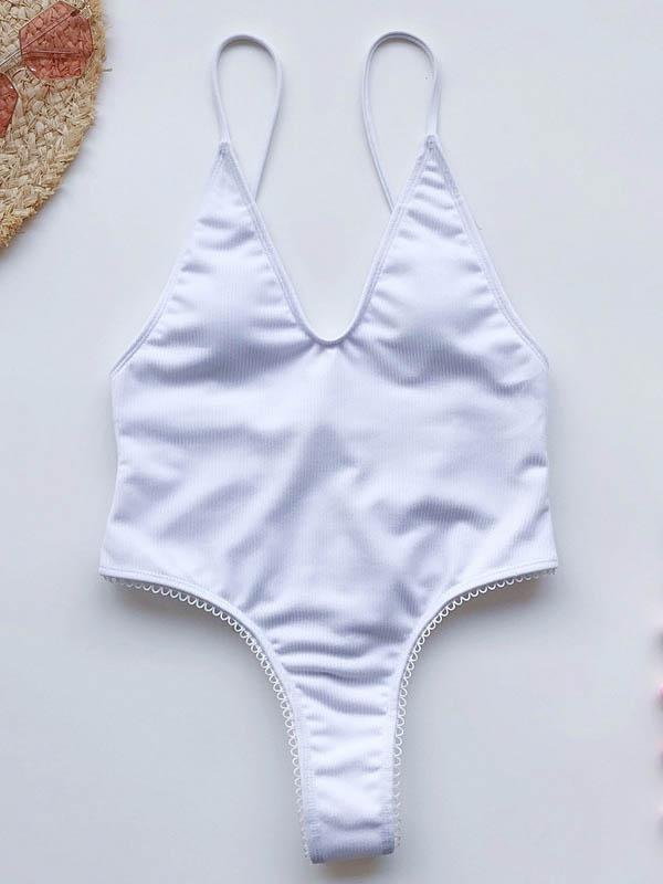 Solid Color Deep V-Neck One-Piece Swimwear – rrdeye